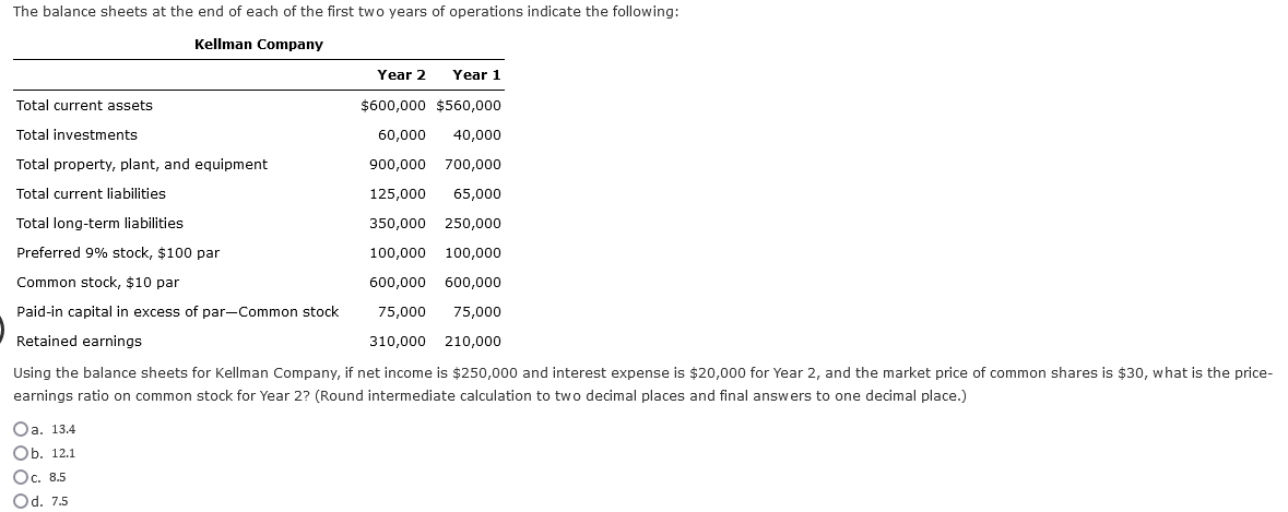 Solved earnings ratio on common stock for Year 2 ? (Round | Chegg.com