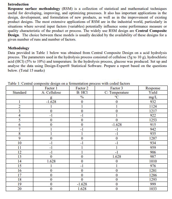 Introduction Response surface methodology (RSM) is a | Chegg.com