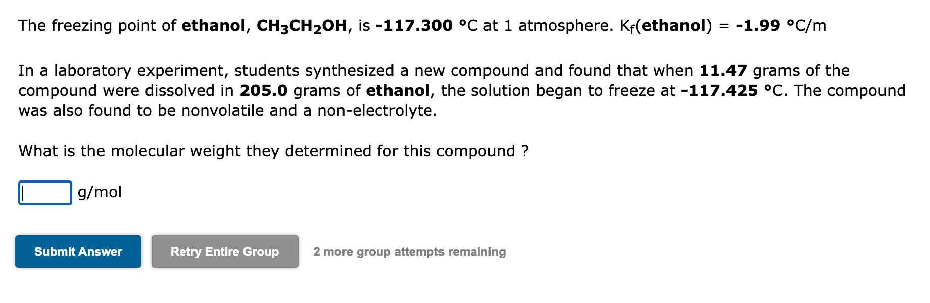 Solved The freezing point of ethanol, CH3CH2OH, is | Chegg.com