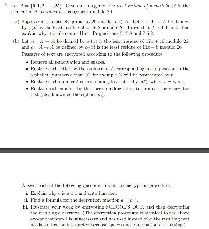 Solved 2. Let A = {0, 1, 2, ...,25). Given an integer n, the | Chegg.com