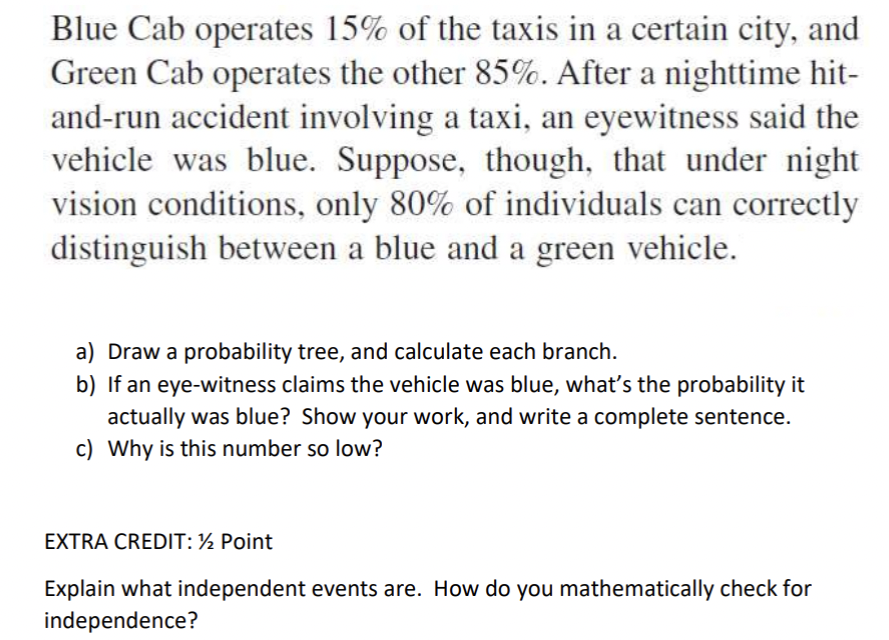 Solved Blue Cab operates 15% of the taxis in a certain city, | Chegg.com