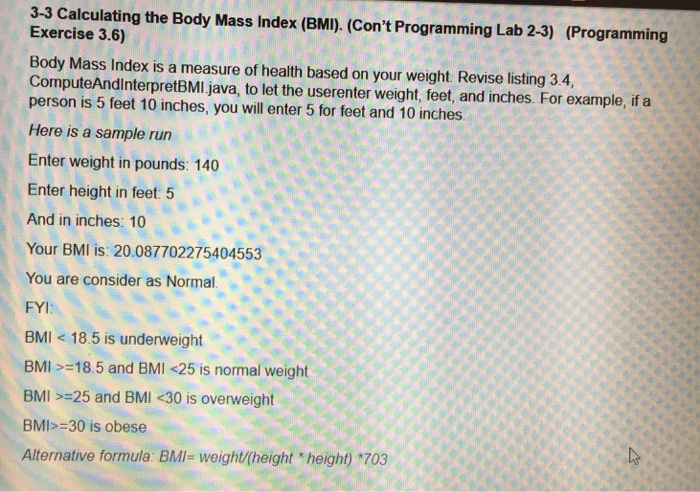 Solved 3-3 Calculating the Body Mass Index (BMI). (Con't | Chegg.com