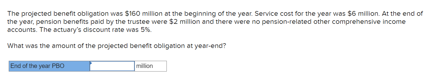 Solved The projected benefit obligation was $160 million at | Chegg.com