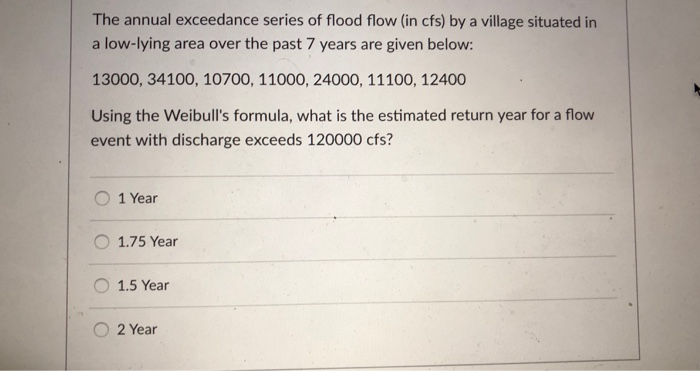 Solved The annual exceedance series of flood flow (in cfs) | Chegg.com