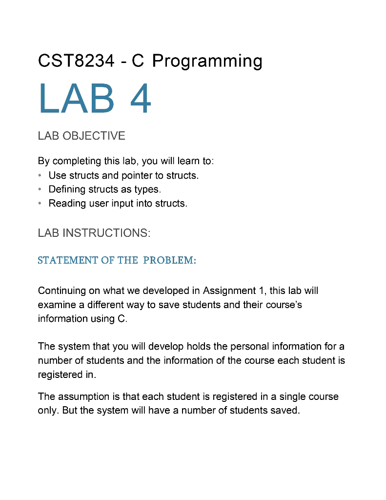 Solved CST8234 - C Programming LAB 4 LAB OBJECTIVE By | Chegg.com