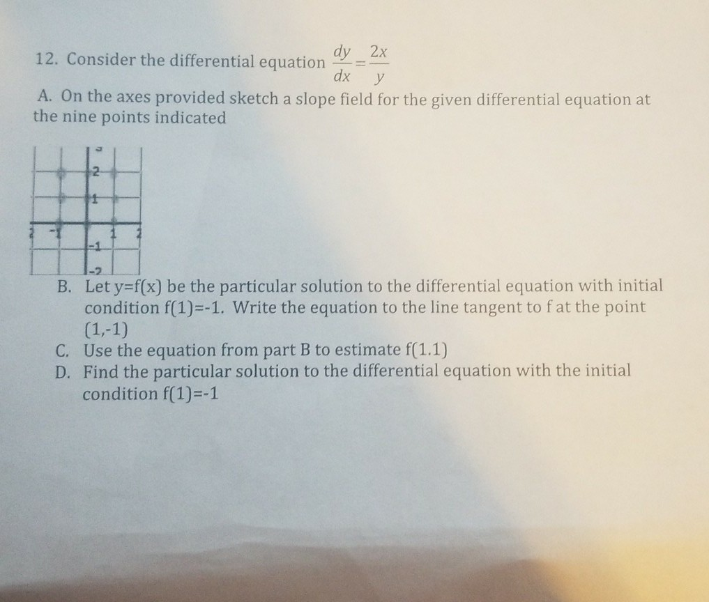 Solved 12. Consider the differential equation dy 2x dx y A. | Chegg.com Solved 12. Consider the differential equation dy 2x dx y A. | Chegg.com