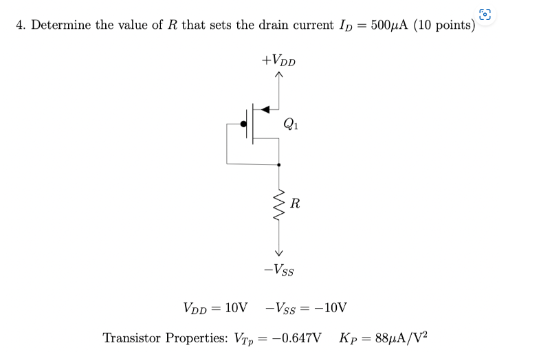 Solved 4. Determine the value of R that sets the drain | Chegg.com