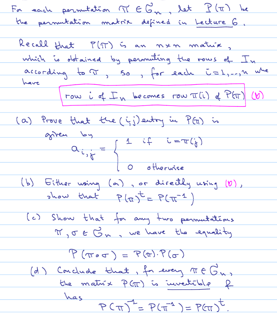 Solved Fa the each permutation π E permutation matrix n | Chegg.com