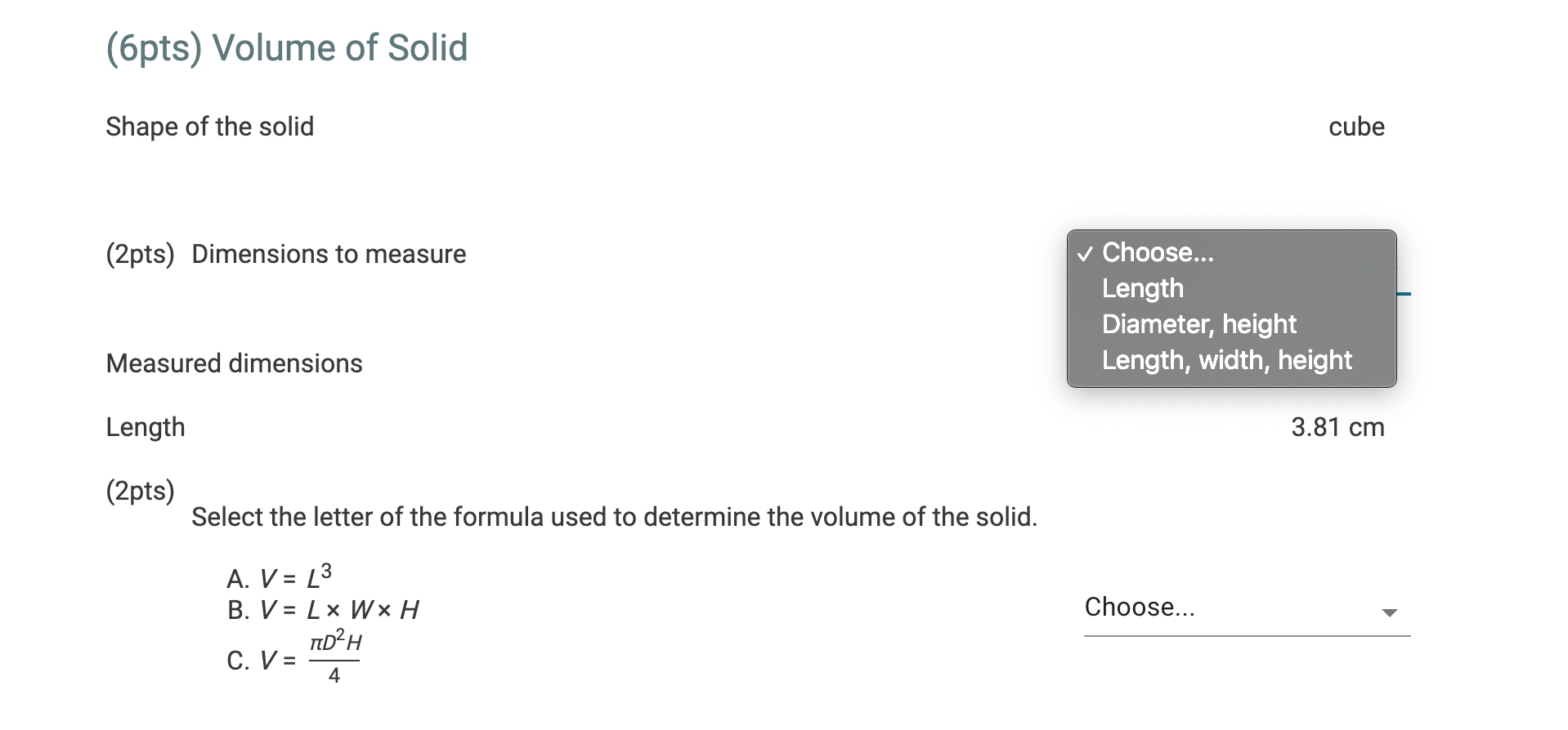Solved (6pts) Volume of Solid Shape of the solid cube (2pts) | Chegg.com