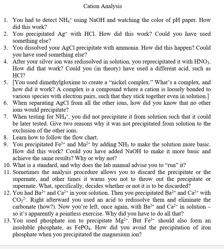 Solved Cation Analysis 1. You had to detect NH4+ using NaOH | Chegg.com