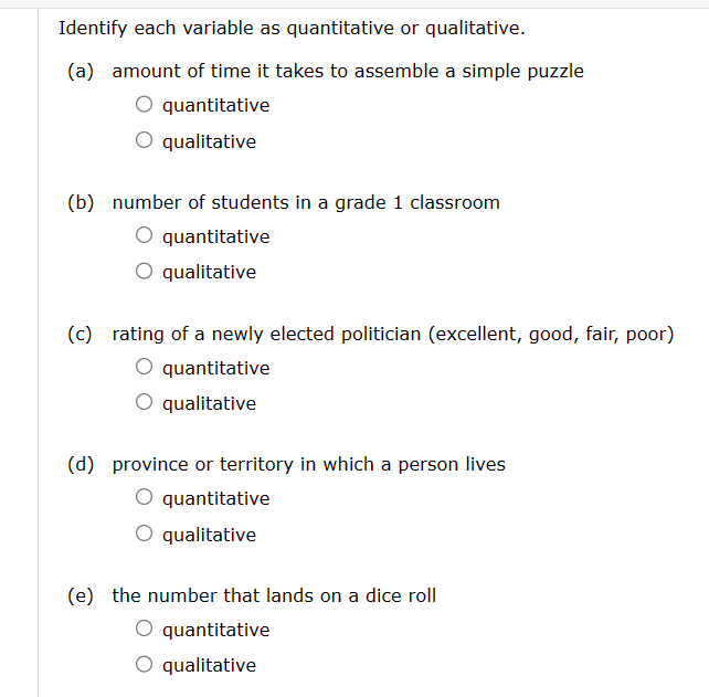 Solved Identify each variable as quantitative or | Chegg.com