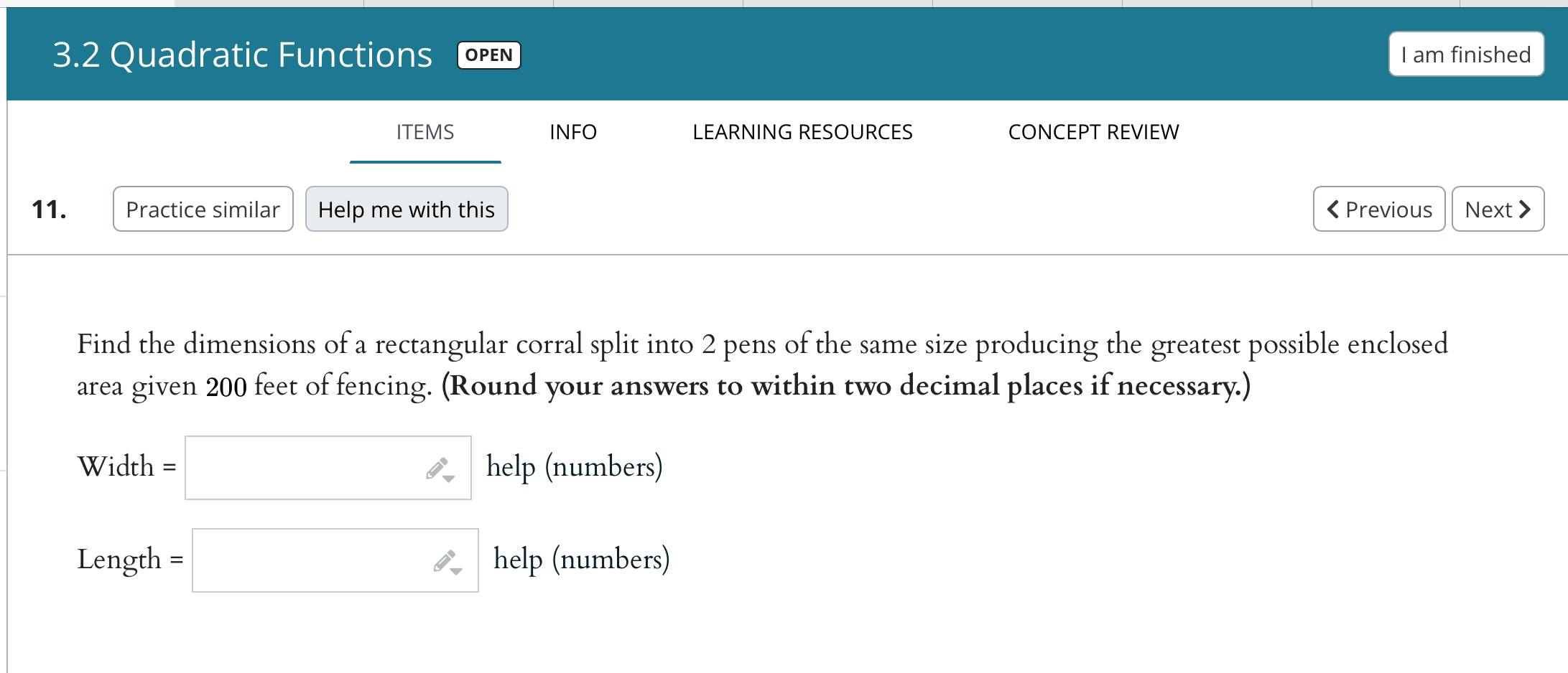 Solved Find the dimensions of a rectangular corral split | Chegg.com