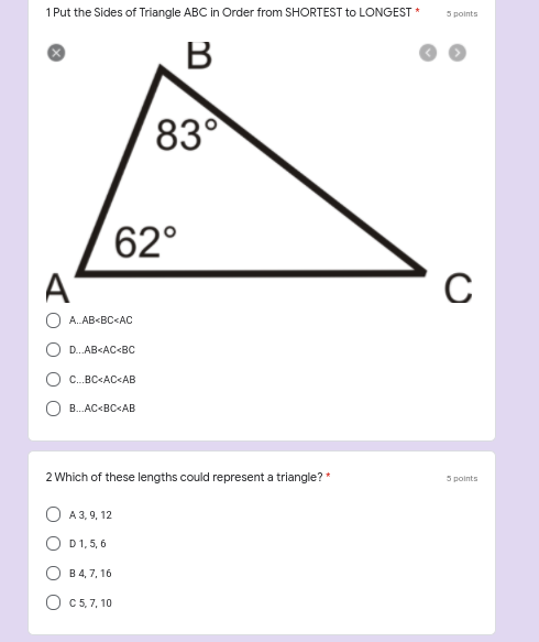 Solved 1 Put the sides of Triangle ABC in Order from | Chegg.com