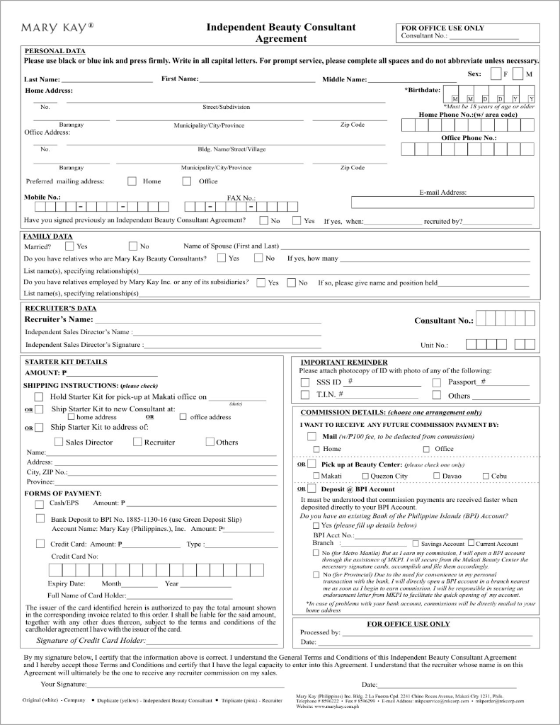 MARY KAY Independent Beauty Consultant FOR OFFICE USE | Chegg.com