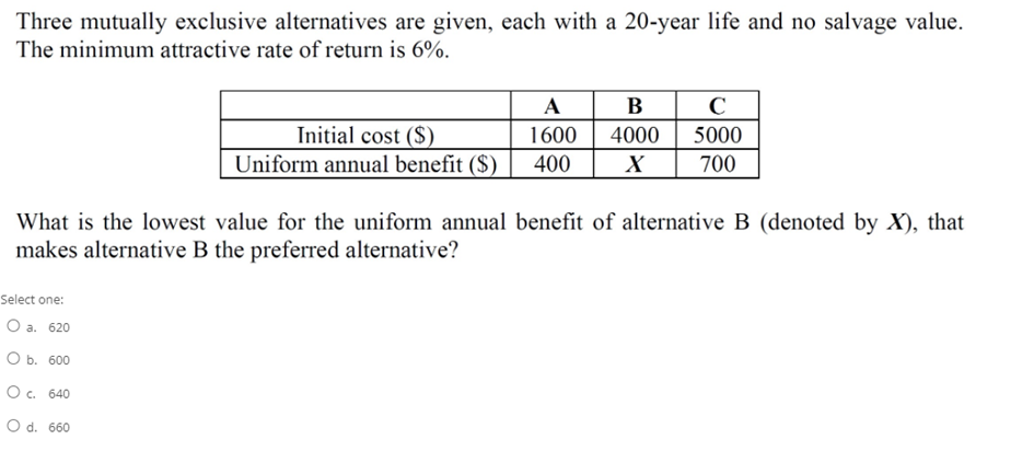 Solved Three mutually exclusive alternatives are given, each | Chegg.com