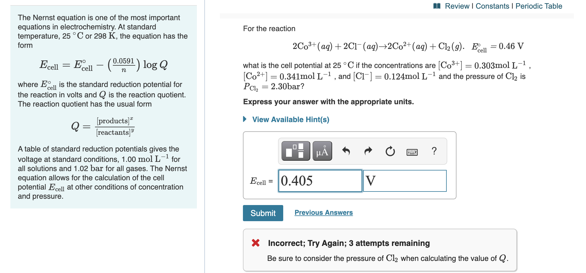 Solved A Review | Constants | Periodic Table The Nernst | Chegg.com