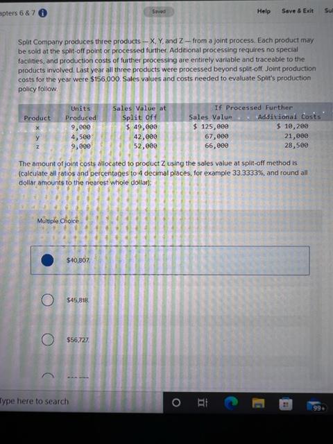 Solved apters 6 & 7 Saved Help Save & Exit Su Split Company | Chegg.com