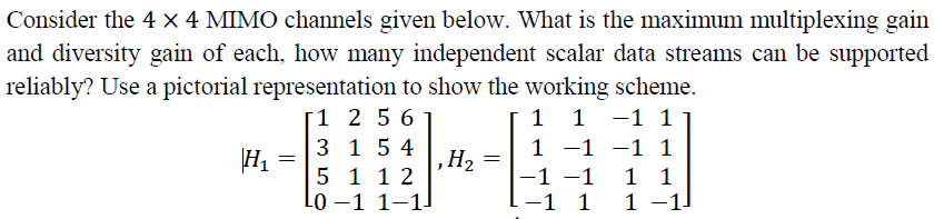 Consider the 4 X 4 MIMO channels given below. What is | Chegg.com