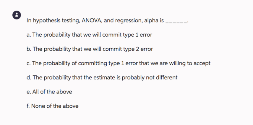 Solved In hypothesis testing, ANOVA, and regression, alpha | Chegg.com