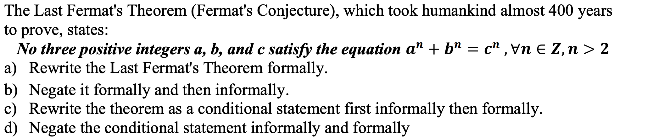 Solved The Last Fermat's Theorem (Fermat's Conjecture), | Chegg.com