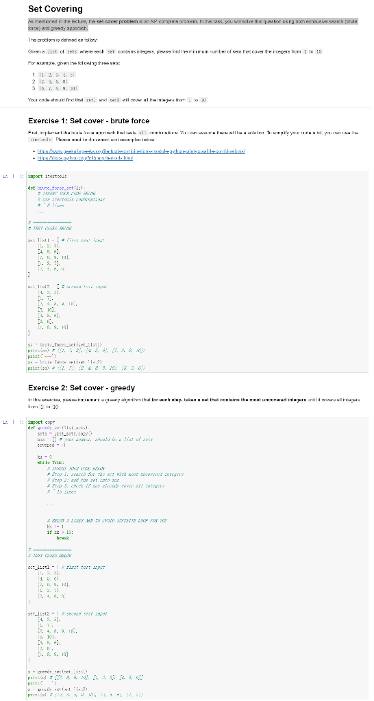 Set Covering As mentioned in the lecture, the set | Chegg.com