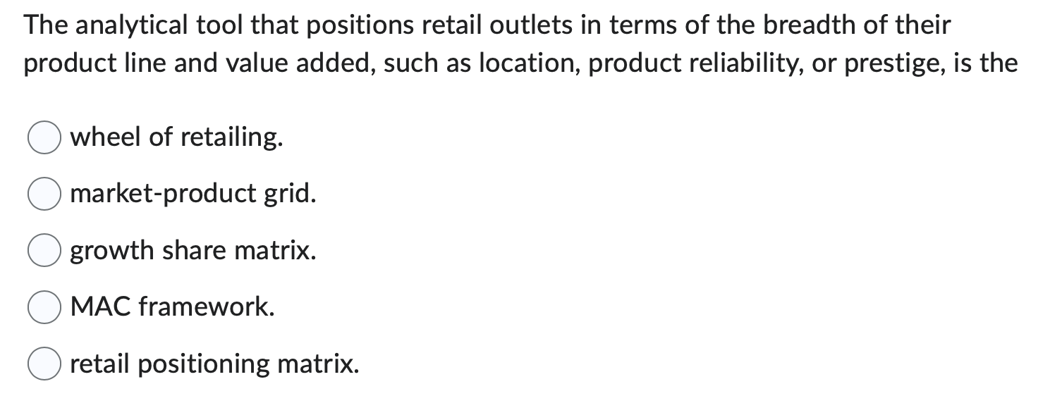 Solved The analytical tool that positions retail outlets in | Chegg.com