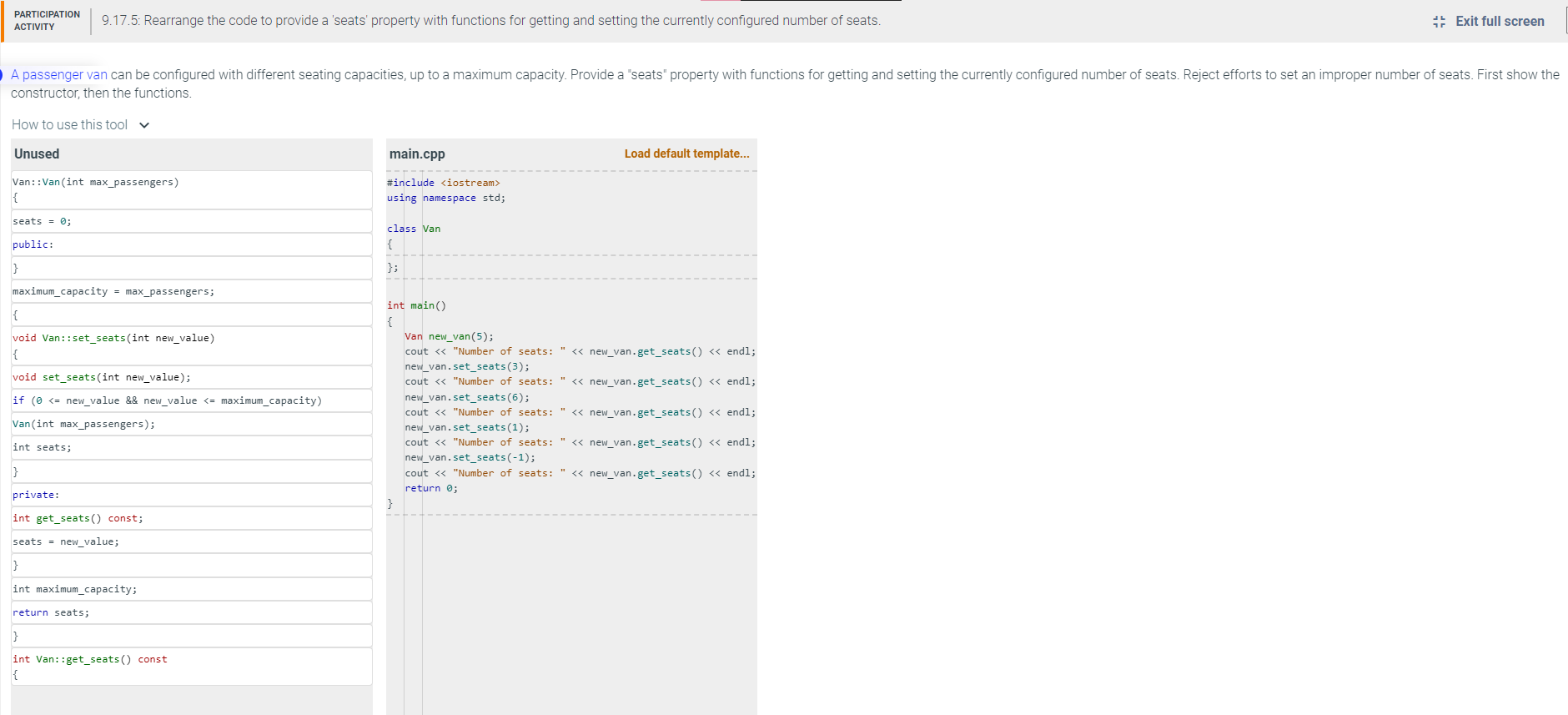 Solved 9.17.5: Rearrange the code to provide a 'seats' | Chegg.com