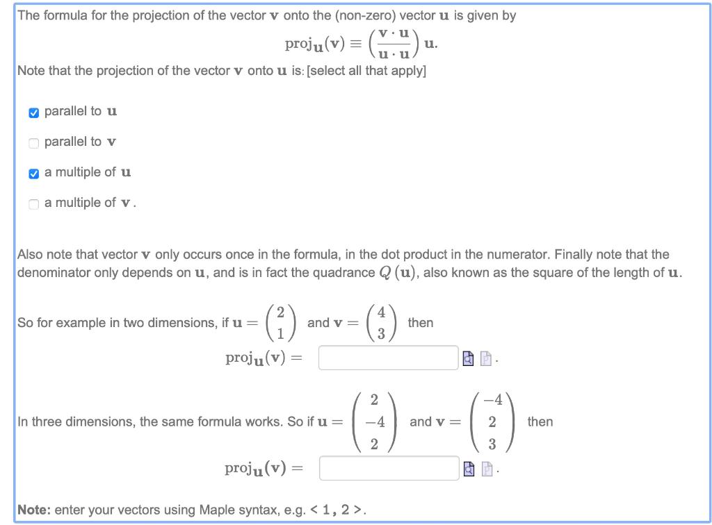 Solved V. The formula for the projection of the vector v | Chegg.com