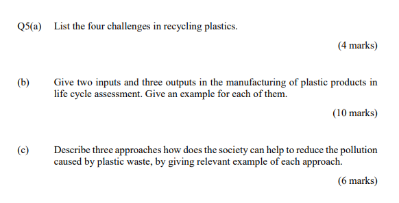 Solved Q5(a) List the four challenges in recycling plastics. | Chegg.com
