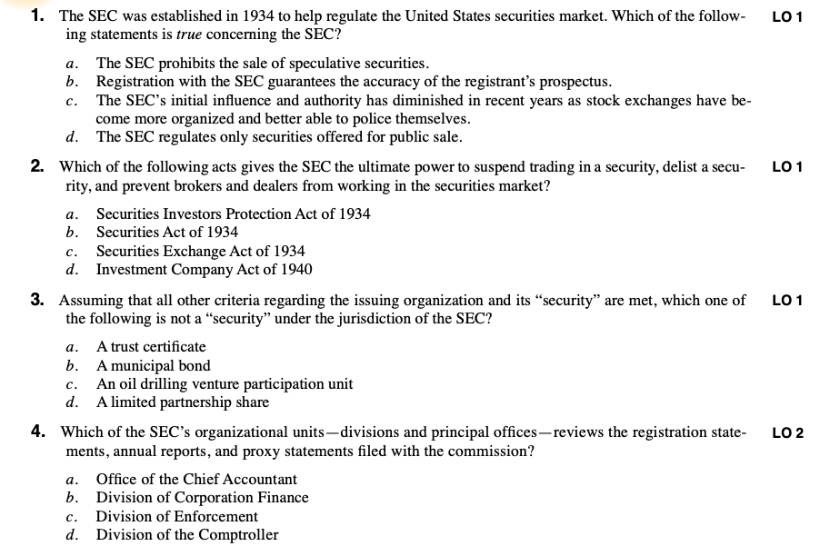 Solved LO 1 a. c. LO 1 a. c. 1. The SEC was established in | Chegg.com