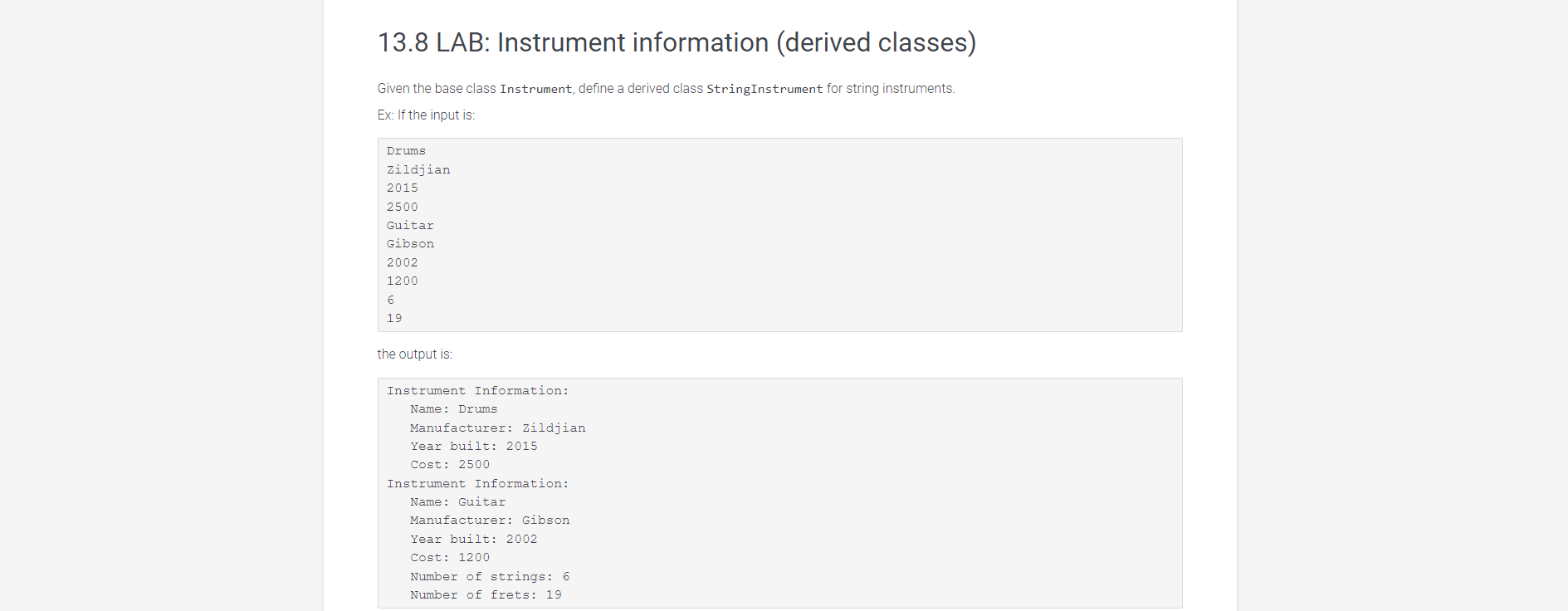 Solved 13.8 LAB: Instrument information (derived classes) | Chegg.com