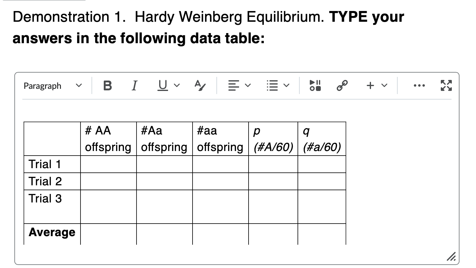 Solved Demonstration 1. ﻿Hardy Weinberg Equilibrium. TYPE | Chegg.com