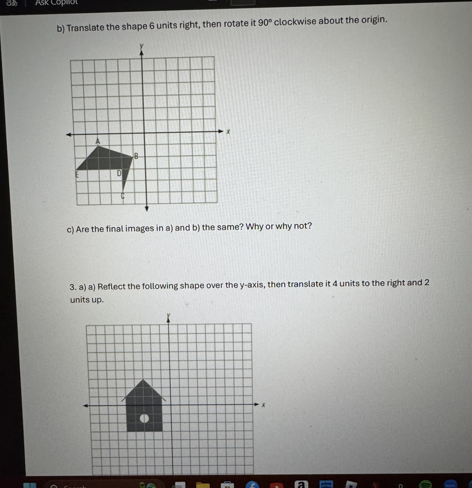 b) ﻿Translate the shape 6 ﻿units right, then rotate | Chegg.com
