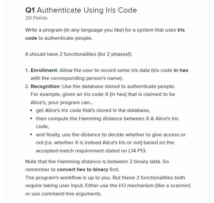 Solved Q1 Authenticate Using Iris Code 20 Points Write a | Chegg.com