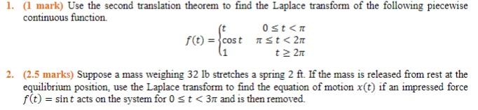 Solved 1. (1 mark) Use the second translation theorem to | Chegg.com
