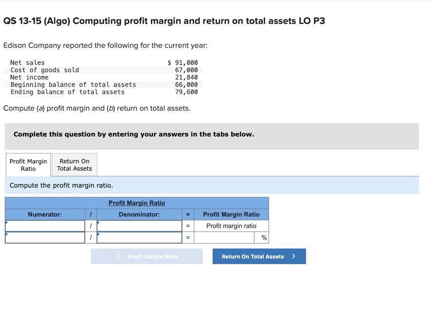 Solved QS 13-15 (Algo) Computing profit margin and return on | Chegg.com