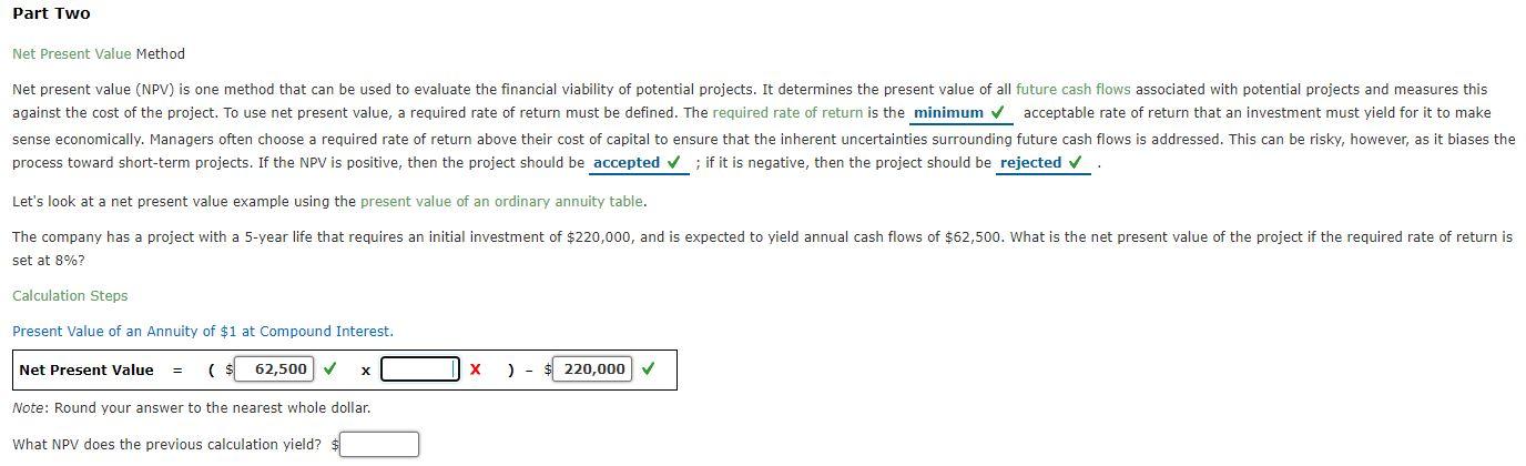 Solved Part Two Net Present Value Method Net present value | Chegg.com