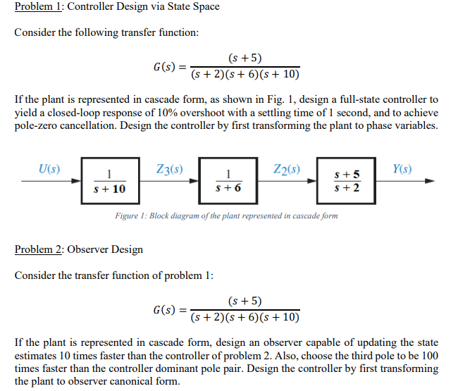 Problem 1: Controller Design via State Space Consider | Chegg.com