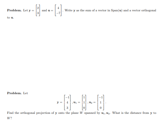 Solved Problem. Let y = 1. and us Write y as the sum of a | Chegg.com