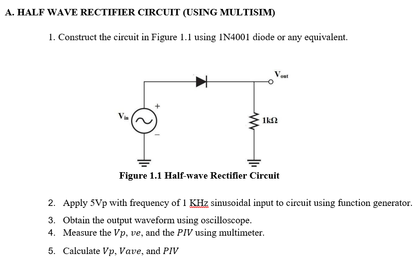 Solved A. HALF WAVE RECTIFIER CIRCUIT (USING MULTISIM) 1. | Chegg.com