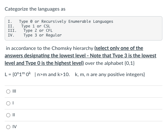 Solved Categorize the languages as I. Type θ or Recursively | Chegg.com