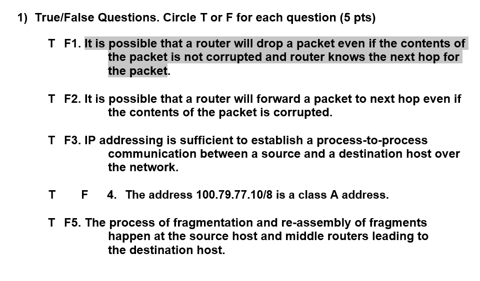 Solved 1) True/False Questions. Circle Tor F for each | Chegg.com