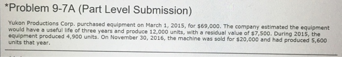 Solved *Problem 9-7A (Part Level Submission) Yukon | Chegg.com
