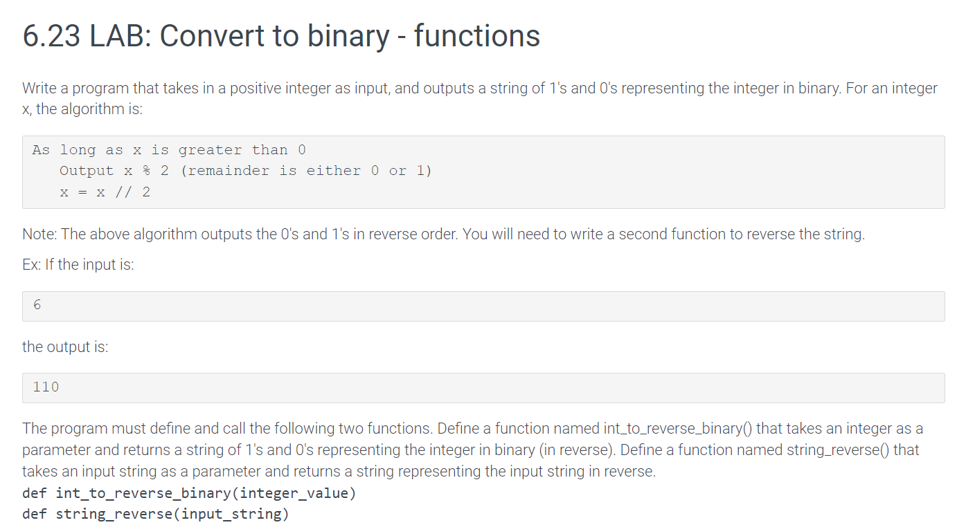 Solved 0.Z3 LAB: Convert to DInary - tunctions Write a | Chegg.com