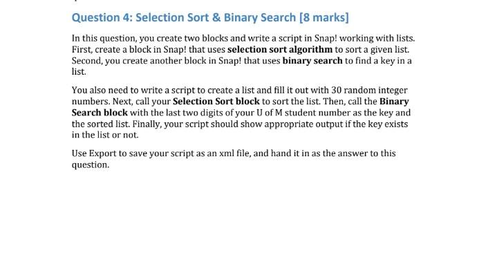 Solved Question 4: Selection Sort \& Binary Search [8 marks] | Chegg.com