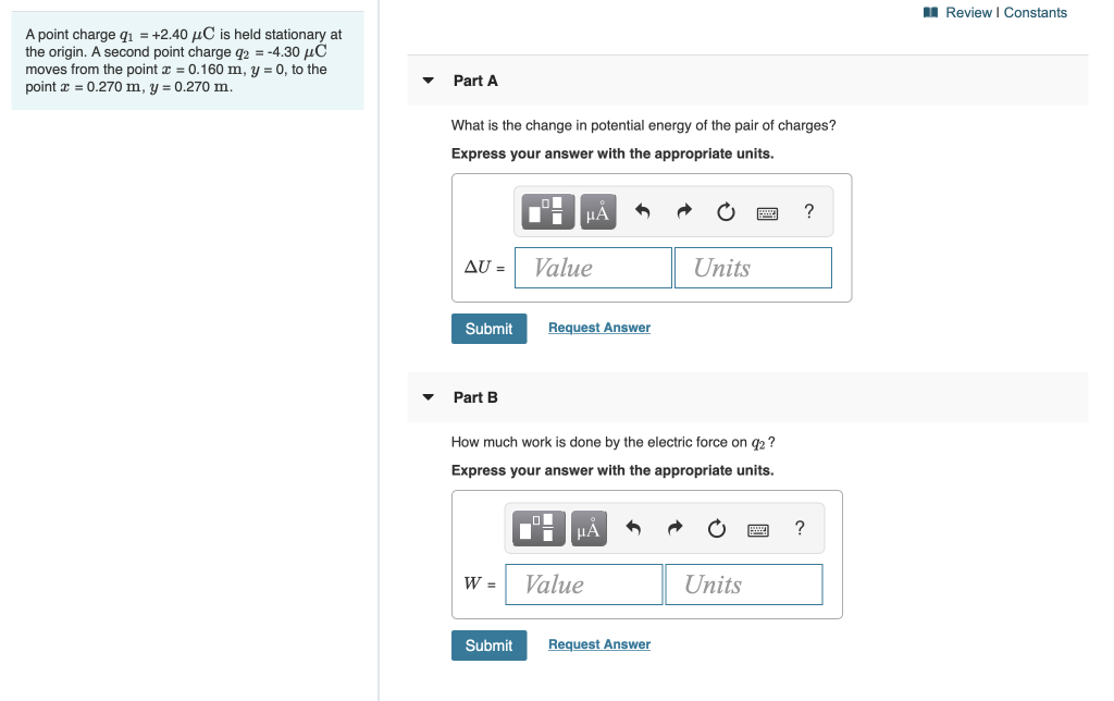 Solved A point charge q1q1 = +2.40 μCμC is held stationary | Chegg.com