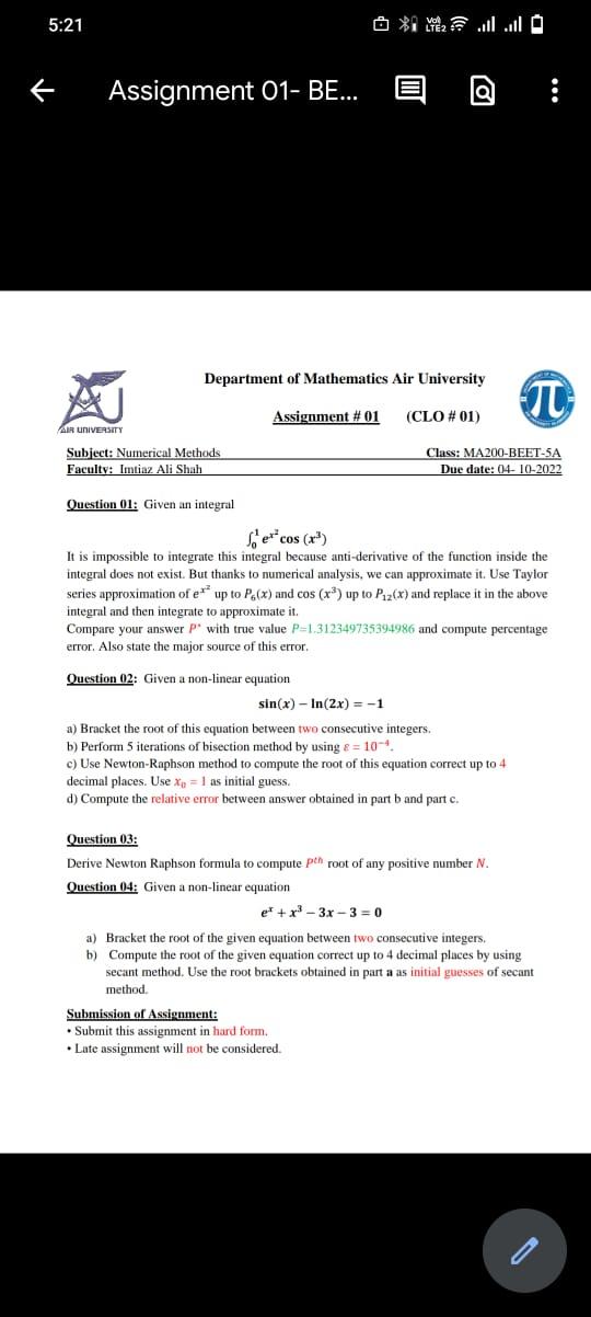 Solved Question 01: Given an integral It is impossible to | Chegg.com