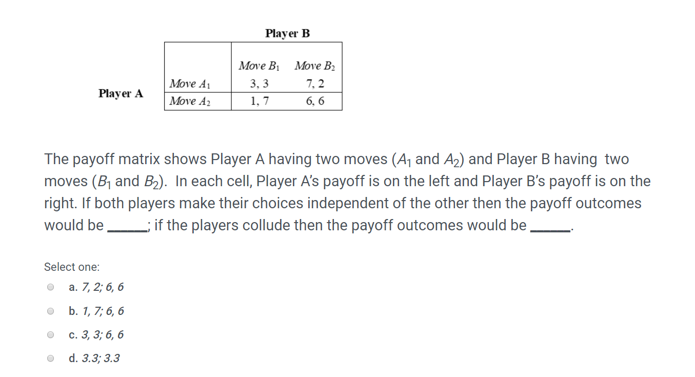 Solved Player B Move Bi 3, 3 1, 7 Move A1 Move A2 Move B2 | Chegg.com