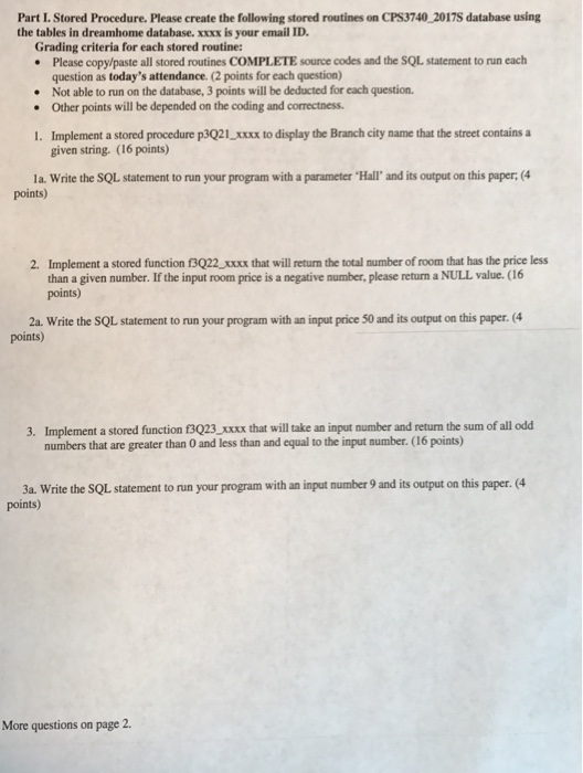 Part I Stored Procedure. Please create the following | Chegg.com