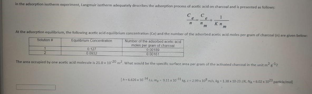 Solved in the adsorption isotherm experiment, Langmuir | Chegg.com